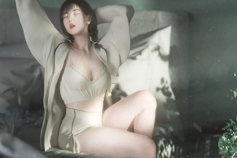 C4D工程-cg女孩场景渲染工程坐在床上的女孩工程人物模型_源酷素材网